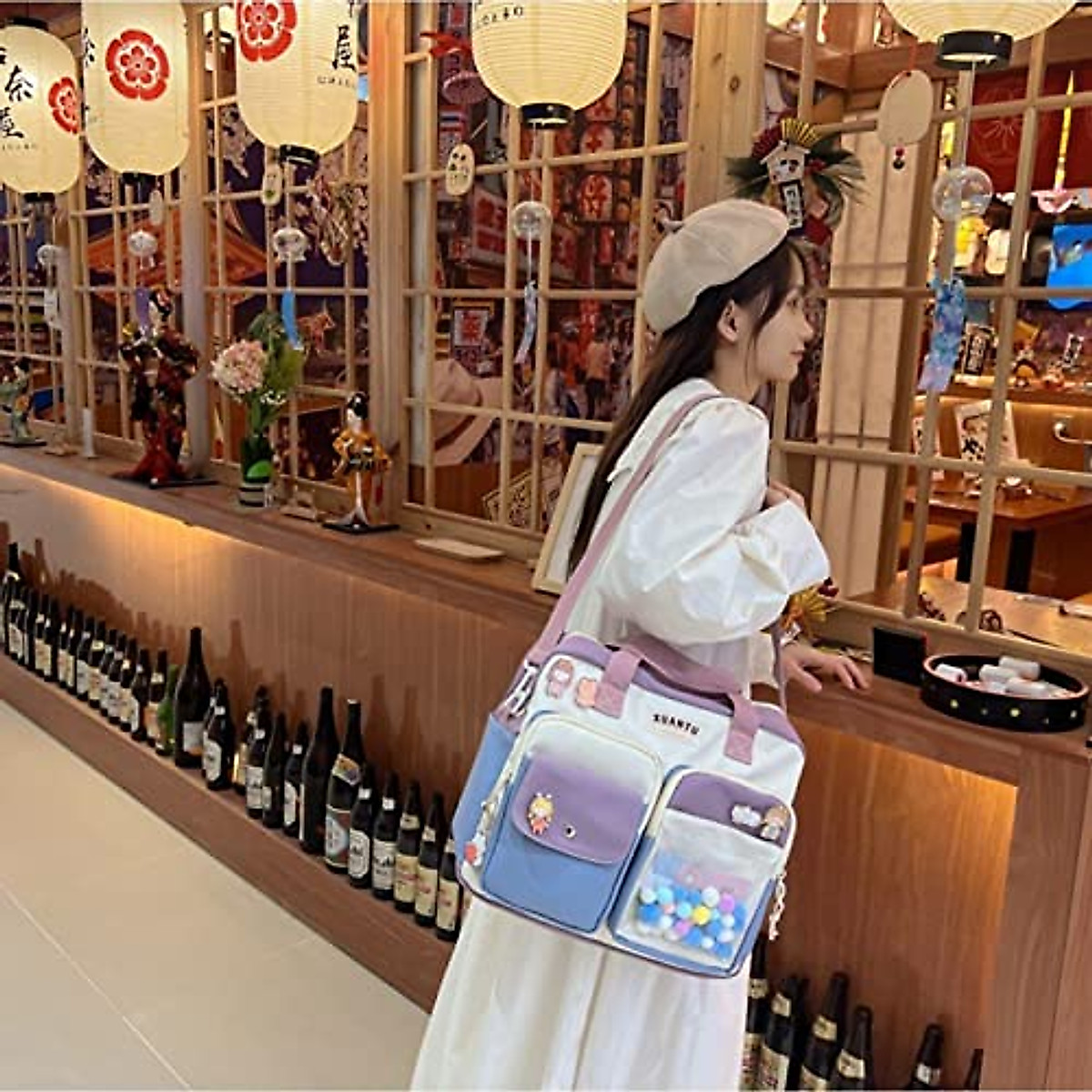 Kawaii harajuku backpack crossbody bag with 3 pins bubbles teenage daypack gift for birthday Christmas (purple)