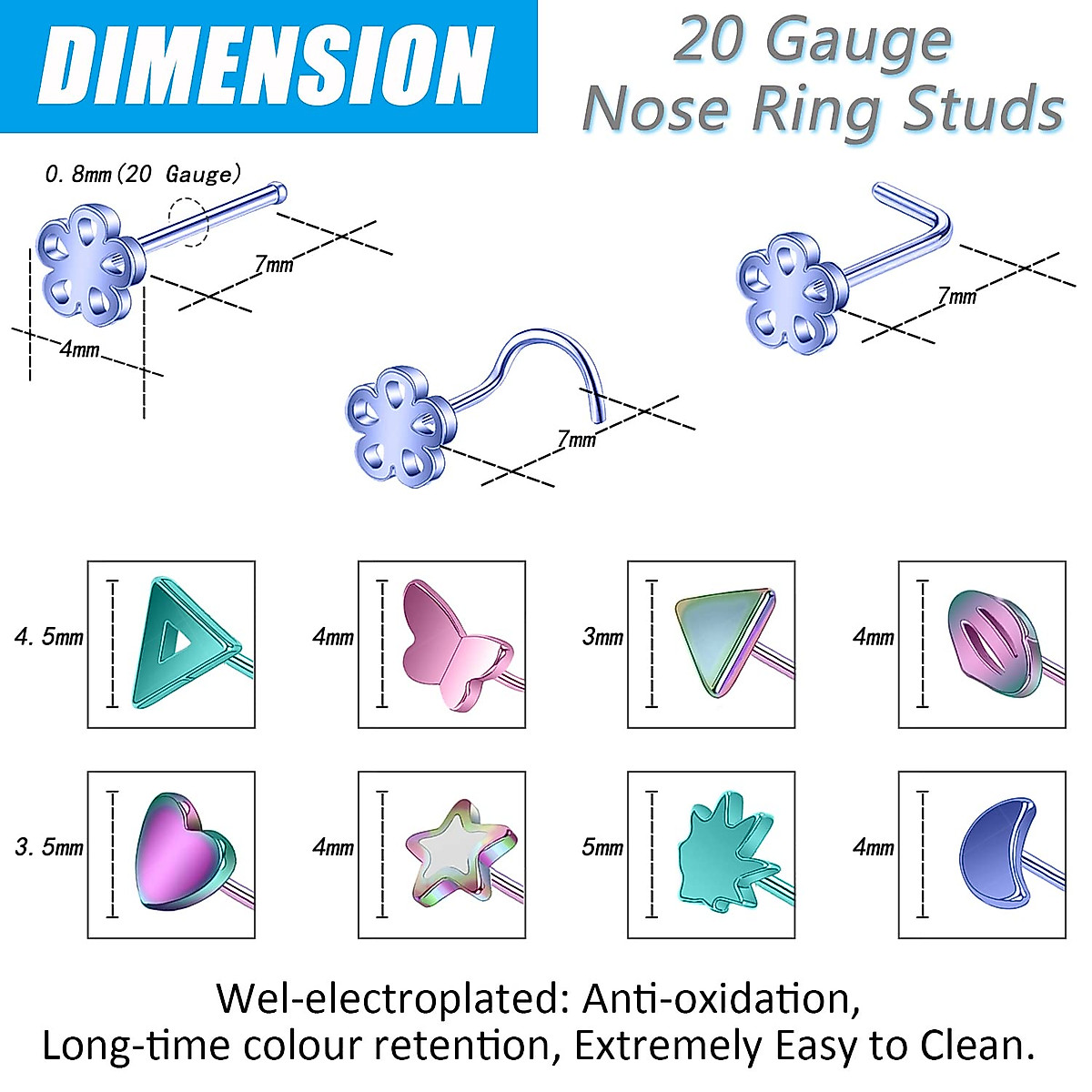 ZS 9PCS 20G Nose Rings for Women, 316L Stainless Steel Nose Piercings Jewelry, Colorful Screw L-Shape Nose Studs Rings (Corkscrew)