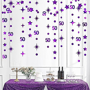 Purple 50th Birthday Decorations Number 50 Circle Dot Twinkle Star Garland Metallic Hanging Streamer Bunting Banner Backdrop for 50 Years Old Birthday Happy 50th Anniversary Fiftieth Party Supplies