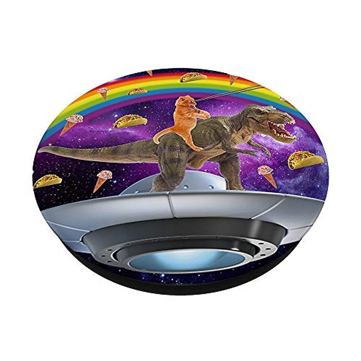 Rainbow Laser Eye Kitty Riding T-Rex Funny Space Cat PopSockets PopGrip: Swappable Grip for Phones & Tablets