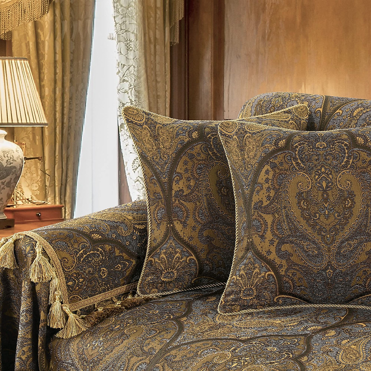 Loom and Mill Luxury Jacquard Sofa Arm Covers 2 PCS, Classic Antique Couch Armrest Cover with Tassels, Non-Slip Furniture Protector for Chair Sofa Recliners Couch Dogs Pets, Bronze Gold, 20x24in