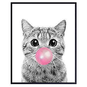 Cat Wall Decor - Tabby Cat - Cute Cat Wall Art - Room Decoration for Girls Bedroom, Kids Room, Living Room, Nursery - Cat Lover Gifts for Women - Adorable Pink Girly Kitty, Pussycat, Kitten Print