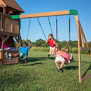 Backyard Discovery, Cedar Cove Wood Swing Set, Playground Fort, Chalkboard, Telescope, Dual Slide, Kitchenette, Wide Swing Lanes, 5ft Rock Wall, Step Ladder