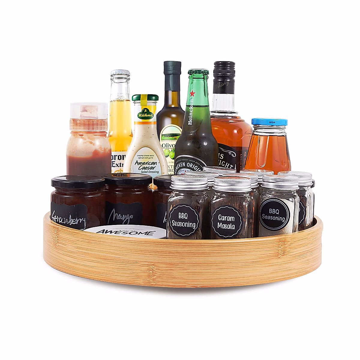 Lazy Susan Organizer 14 inch, Bamboo Lazy Susan for Table, Kitchen Turntable Organizer with Double Handles, Round Wood Rotating Turntable Spice Organizer for Countertop Cabinet or Pantry