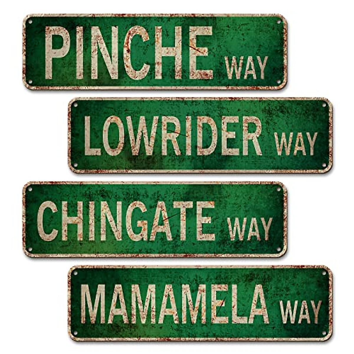 Pinche Way Street Sign 4 PCS Duplex Printed Retro Lowrider/Chingate/Memamela/Pinche Way Signs for Bedroom Men Room Decor, Flexible & Waterproof Funny Mexican Signs Lowrider Wall Art, 4x14 Inches