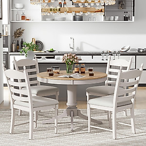 POCIYIHOME 5-Piece Retro Functional 42"-58" Wood Round Extendable 4 Upholstered Chairs, Set of 5, Family Dining Table Set for Restaurant, Kitchen (Off White)