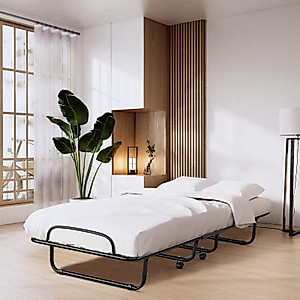 HAPPYGRILL Folding Bed with Mattress for Adults, Rollaway Bed W/Memory Foam Mattress, 4 Universal Wheels, Sturdy Steel Frame, Potable Fold Up Bed for Living Home Bed Room Office,Made in Italy