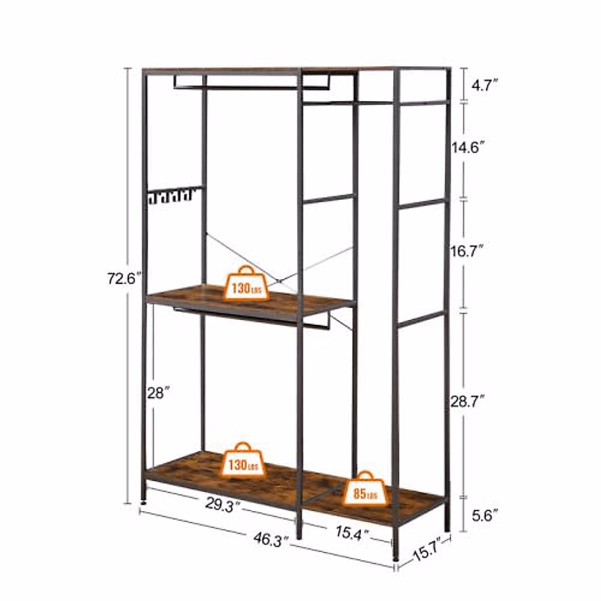 Wekity Freestanding Closet Organizer Heavy Duty, Closet Clothes Organizer, Freestanding Closet Organizer System, Holds 350 Lbs Metal Closet Rack, Clothes Rack (Rustic Brown)