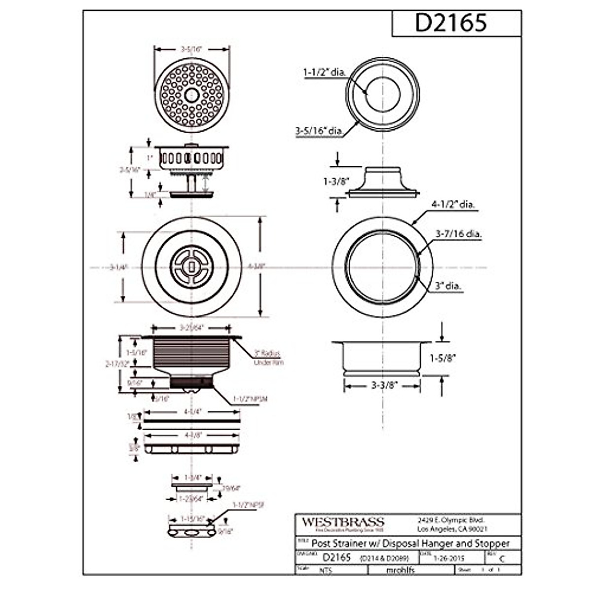Westbrass D2165-62 Post Style Large Kitchen Basket Strainer with Waste Disposal Flange and Stopper, Matte Black