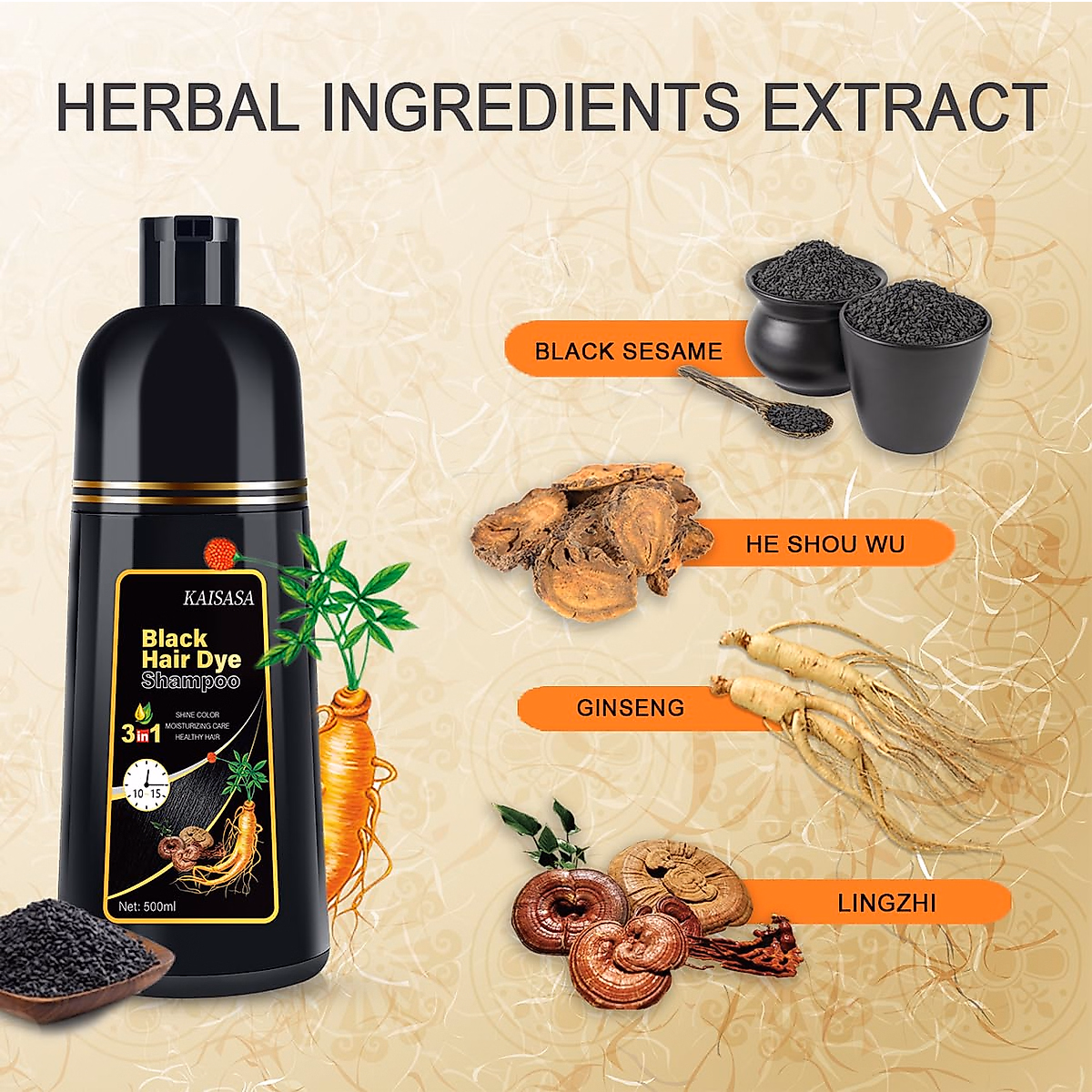 KINGMING Black Hair Dye Shampoo 3 in 1 for Gray Hair, Hair Color Shampoo for Women Men Grey Hair Coverage, Herbal Ingredients Champu Con Tinte Para Canas 500ml (Black)