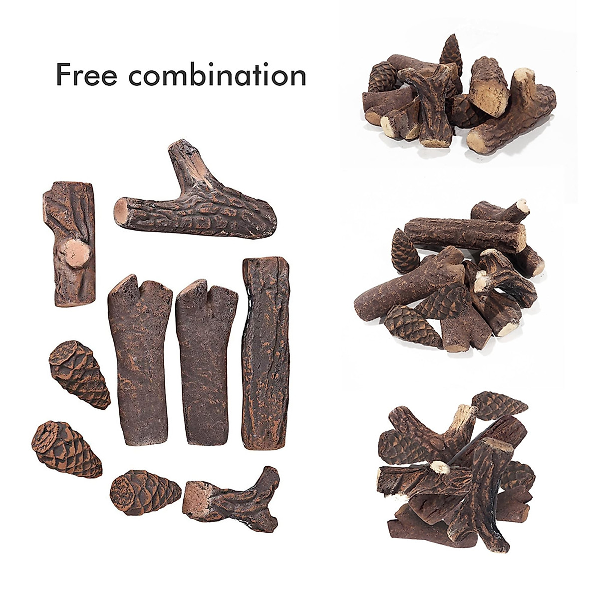 Gas Fireplace Logs Set of 9, Fireplace Logs Ceramic Wood Decoration for Gas Ethanol Firewood Log Set Hand Crafted Pine Cone Wood Use in Indoor, Outdoor