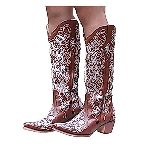 Guldnds Rhinestone for Women Western Cowboy Boots Low Heel Embroidered Knee Chunky High Studded Ultra High Heels Women Brown
