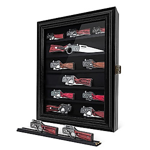 Knife Display Case 6 Rows Pocket Knife Display Case for Wall Military Folding Knife Shadow Box Cabinet for Collections with HD Toughened Glass Door,Removable 2 Grooves Shelves ,Black