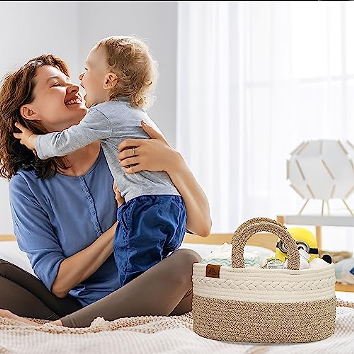 Mojoohouse Baby Diaper Caddy, Nursery Storage Bin and Car Organizer for Diapers and Baby Wipes, Cotton Rope Diaper Basket Caddy, Changing Table Diaper Storage Caddy Baby Gift Baskets, (WHITE-BROWN)