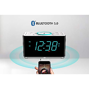 Emerson ER100401 Smartset 15Watt Ultra Fast Wireless Charging Dual Alarm Clock Radio with Bluetooth Speaker, USB Charger, Cyan LED Night Light and 1.4" Display
