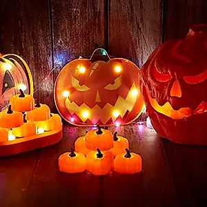 IMAGE Flickering Pumpkin Tea Lights 12 Pack Flickering LED Pumpkin Lights with Battery Operated Flameless Pumpkin Tealight Candles for Halloween, Christmas, Thanksgiving and Theme Parties