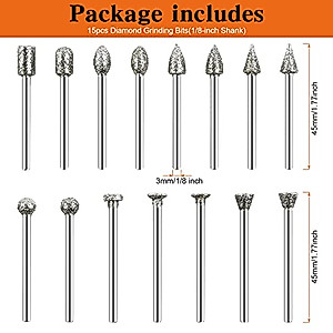 15pcs Diamond Burr Bits,HARDELL Rotary Engraving Bits Set with 1/8-inch Shank, Diamond-Coated Stone Carving Accessories Bit for Rotary Tools