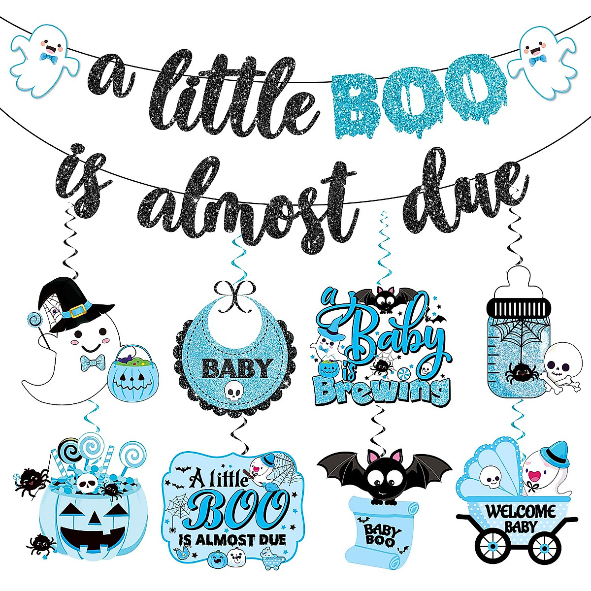 Halloween Ghost Baby Shower Party Decorations, A Little Boo is Almost Due Blue Baby Decor for Boy and Girl, Spooky Birthday Decorations Boo Banner