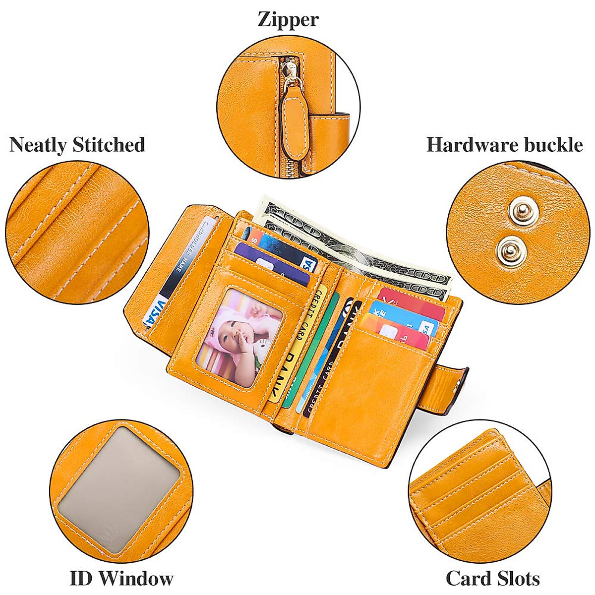 GOIACII Women Wallet RFID Blocking Leather Small Bifold Zipper Pocket Wallet Compact Card Case Purse with ID Window