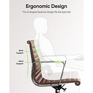 Ribbed Office Chair, Mid Back Top Black Grain Leather Desk Chair, Swivel Chair Adjustable Ergonomic Computer Desk Chair with Aluminium Alloy Frame and Silent Nylon Wheels