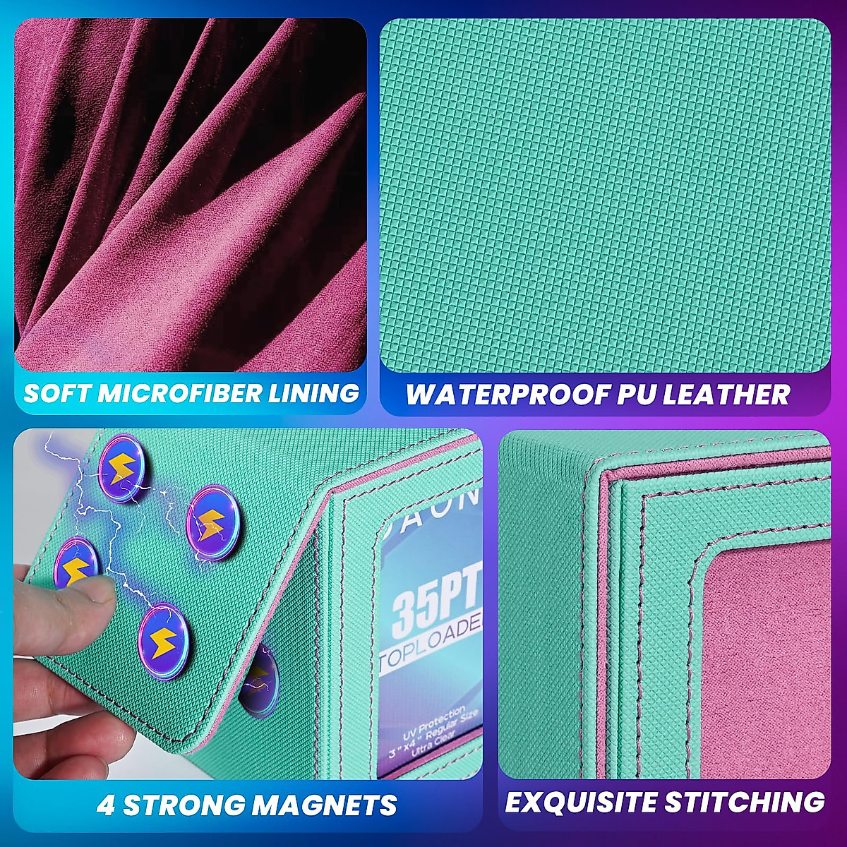 UAONO Card Deck Box with MTG Commander Display, Deck Case Holds 100+ Double-Sleeved Cards, Trading Card Storage Box Fits TCG/PTCG/Sports Card with 2 Dividers, 1 Toploader (Turquoise, Pink)