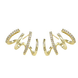 JeanBeau Small Gold Hoop Claw earrings for Women - Yellow Gold Silver Zircon Clip Wrap Stud for Pierced ear/Helix Cartilage Piercing Needles - Spring illusion Minimalist Trendy Ear Cuff