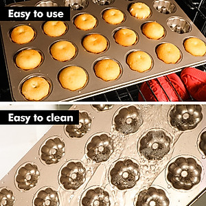 Webake Mini Fluted Tube Cake Pan, 24-Cup Non-stick Bite Size Bundtinis Petite Fluted Cake Mold Heavy Gauge Carbon Steel Baking Tray Set of 2