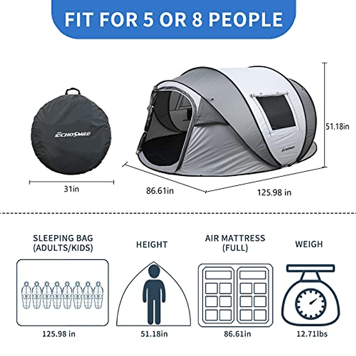 EchoSmile Instant Tent for Camping, 6 Person Pop Up Tent, Water Resistant Dome Tent, Easy Setup for Camping Hiking and Outdoor, Portable Tent with Carry Bag, for 3 Seasons