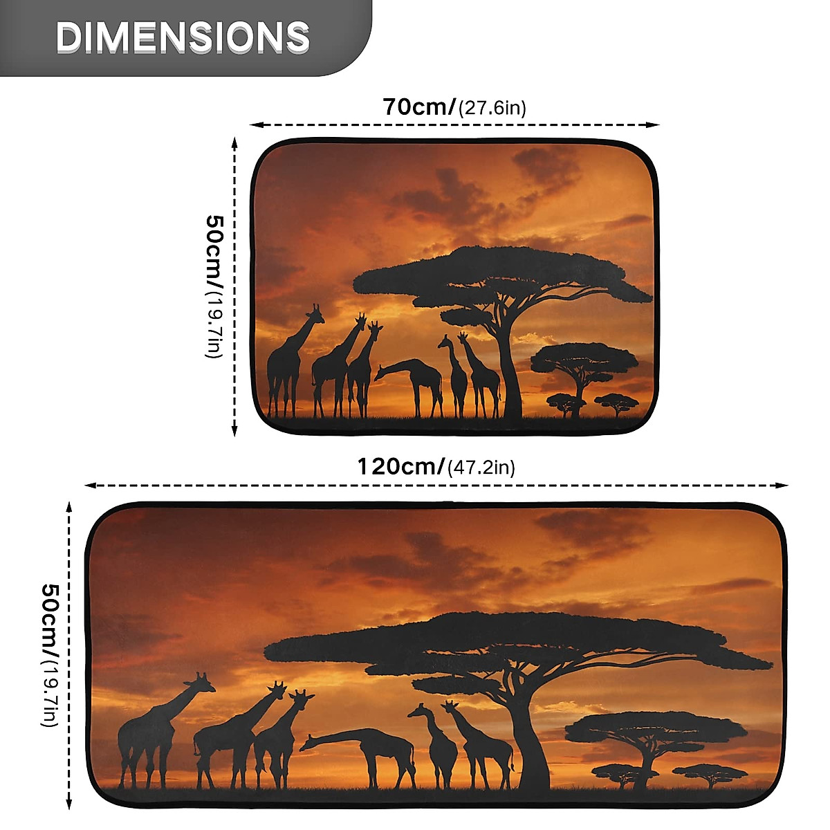 ALAZA Giraffe Sunrise African 2 Piece Kitchen Rug Floor Mat Set Runner Rugs Non-Slip for Kitchen Laundry Office 20" x 28" + 20" x 48"