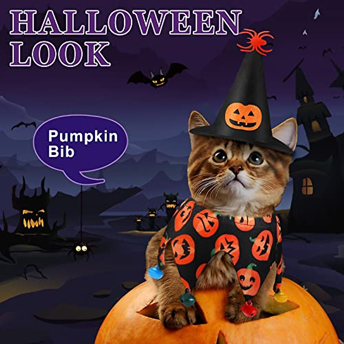 Halloween 5 Pieces Pet Costume Cat Dogs Cosplay Clothes Vampire Cloak Bat Pumpkin Hat Bib with Bells Bat Wings Dinosaur Dragon Wing Cat Collar Small Kitty Puppy Outfits for Halloween Party Pet Cosplay
