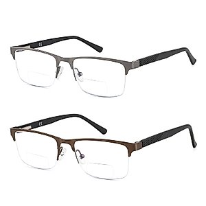 Kafirlo Bifocal Reading Glasses Men Progressive Blue Light Blocking Computer Reader No Line Half Frame Metal Wide Eyeglasses Designer Cheaters Transition Square Stylish Fashion Eyewear +2.00