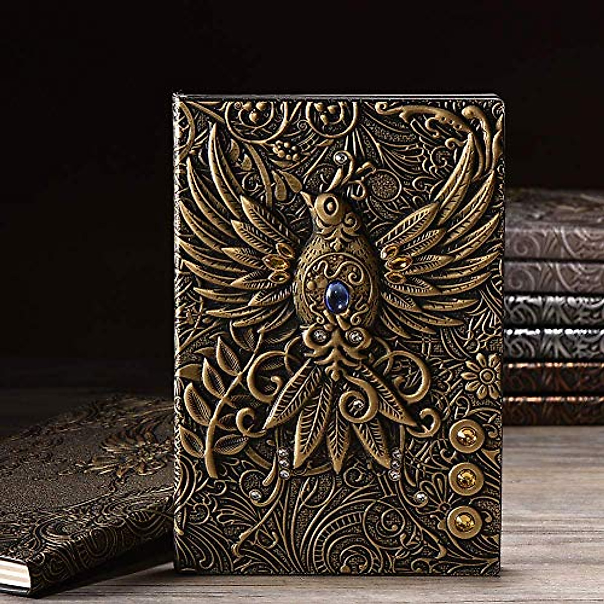 Embossed Leather Journal Writing Notebook - Antique Handmade Leather Daily Notepad Sketchbook, Travel Diary & Notebooks to Write in, Phoenix Gift For Men & Women, with Golden Classic Pen, (Bronze)