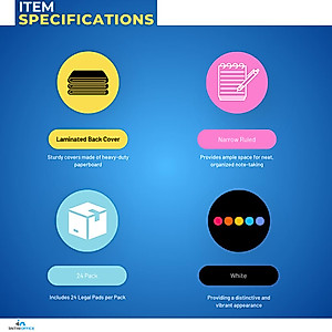 1InTheOffice Jr Legal Pads,Small Legal Notepads, 5" x 8", Narrow Ruled Note Pad, White, 50 Sheets/Pad, 24 Pads/Pack