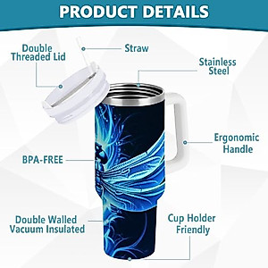ODAWA 40 Oz Dragonfly Blue Insulated Tumblers with Lid and Straw, Insulated Stainless Steel Tumbler
