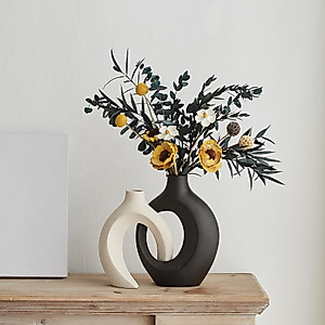 Black and White Ceramic Vases Set of 2 for Home Decor Modern Boho Donut Flower Vase Round Crossed Hollow Vase for Wedding Dining Living Room Table Centerpieces Coffee Table Decoration