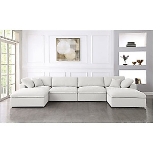 Meridian Furniture Serene Collection Modern | Contemporary Deluxe Cloud-Like Comfort Modular Sectional, Soft Linen Textured Fabric, Down Cushions, 2 Corner + 2 Armless, Cream