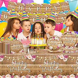 142Pcs Floral Birthday Party Plates Wood Grain Flower Tableware Set for Girls Kids Bridal Shower Party Supplies Rustic Wooden Birthday Paper Plates Napkins Forks Decorations for 20 Guests