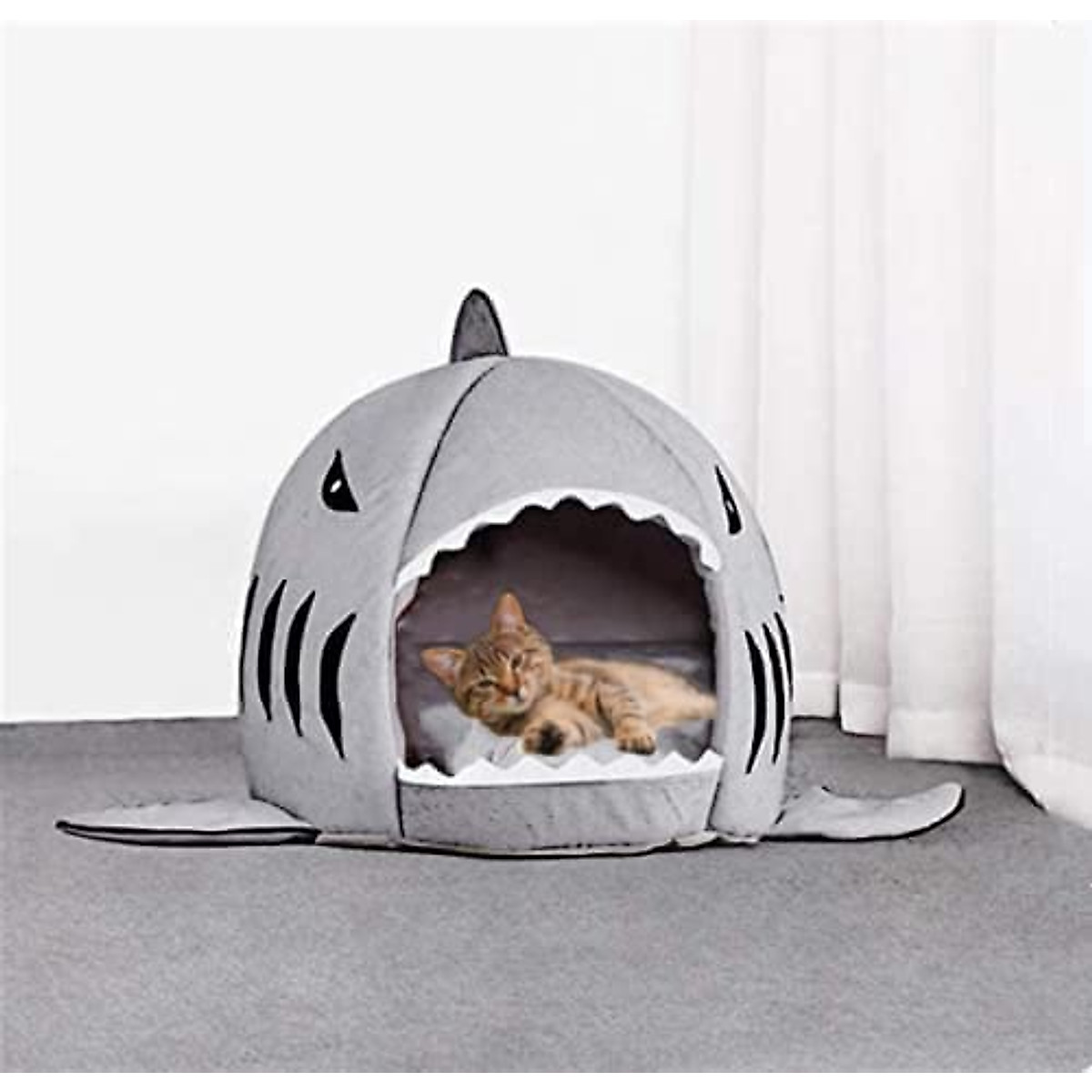 Cat Litter Hot Cat Mat Shark-Shaped House Warm Kennel Kitten Bed One Mat Two Usage Shark Bed for Small Cat Dog Cave Cozy Bed Removable （Light Grey）