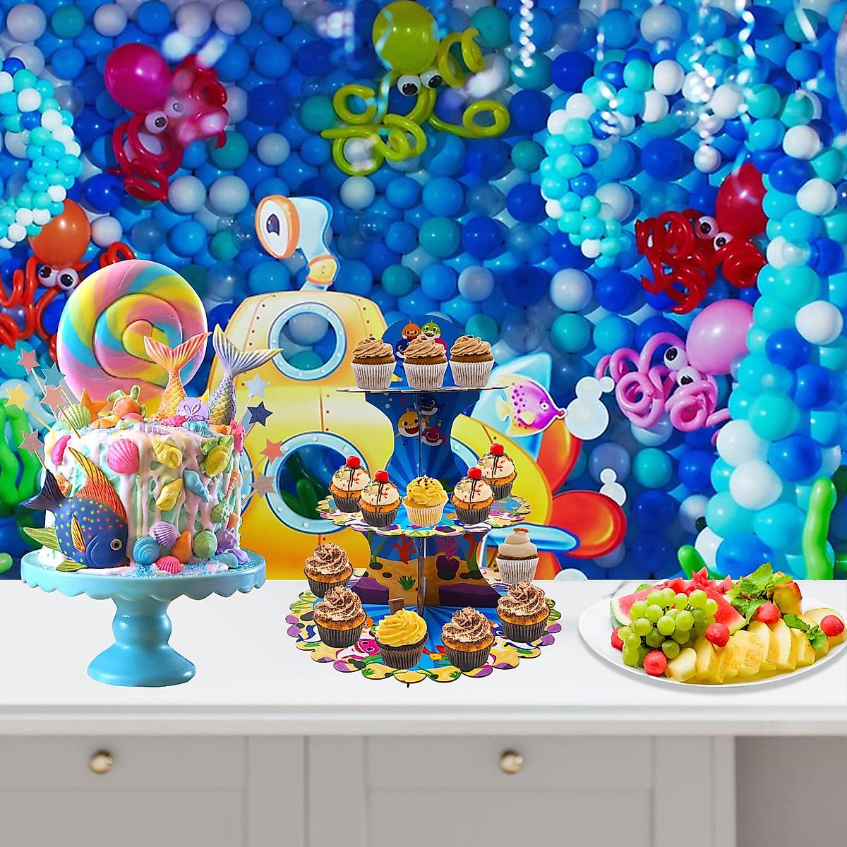 3 Tiers Cartoon Shark Cardboard Cupcake Stand Set of 2 Sturdy Dessert Candy Display Towel Holder Stand Reusable Party Wedding Birthday Cup Cake Stand Holder