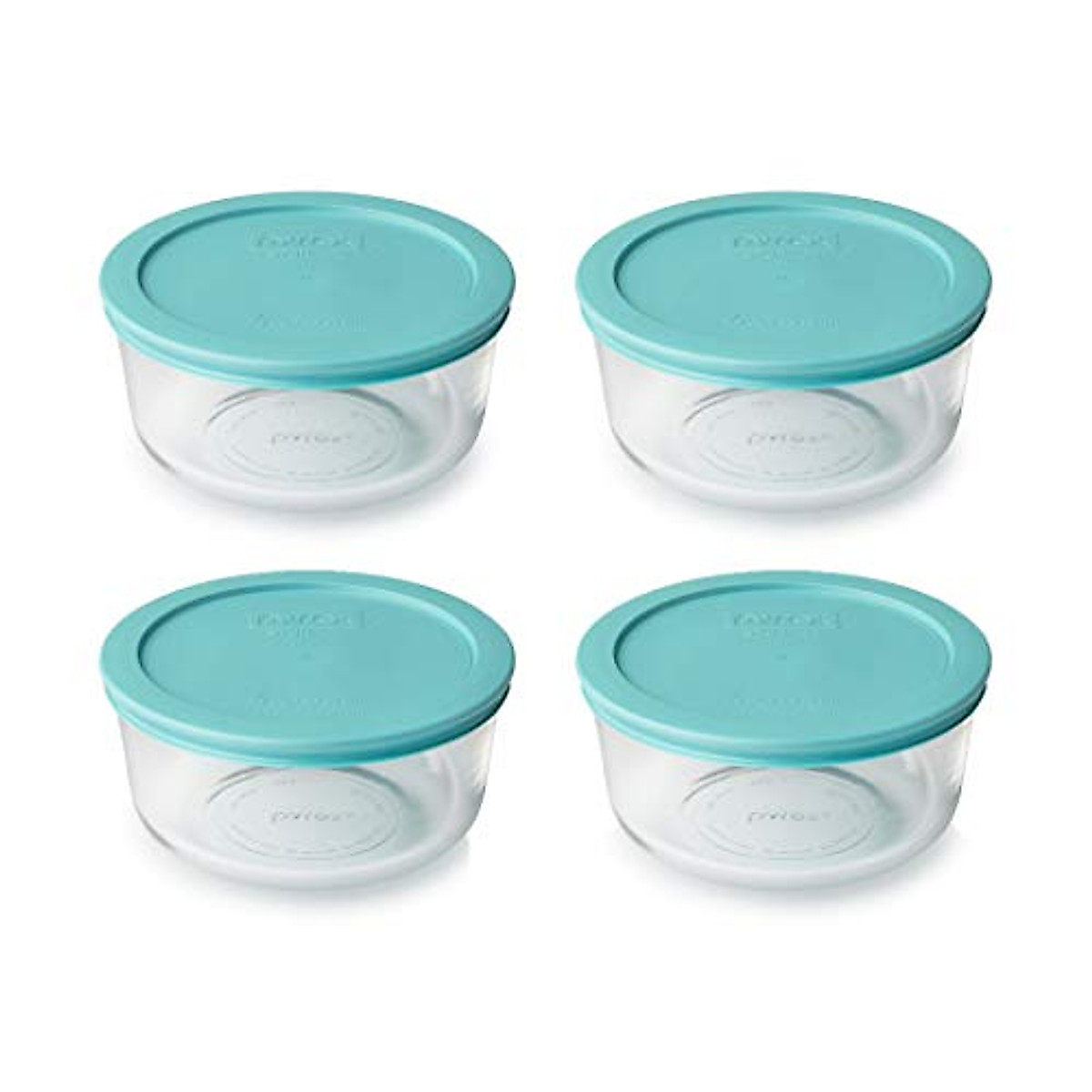 Pyrex Storage 4 Cup Round Dish, Clear with Turquoise Plastic Lids, Pack of 4 Containers