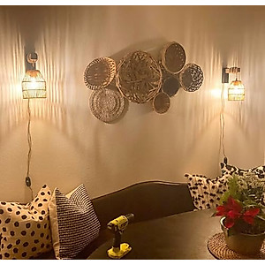 ZECOXOL Rattan Wall Sconce Boho Decor Plug in Set of Two Wicker Lamp with Cord Dimmable Woven Hanging Lamps That Into Outlet Rustic Light for Bedroom Living Room Black 001