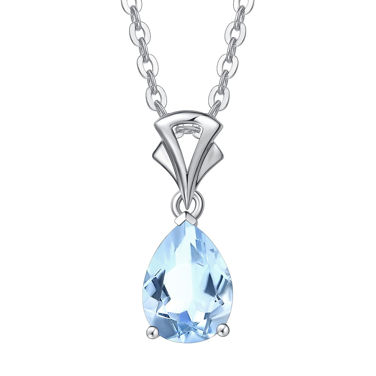 FANCIME Valentine's Day Gifts Aquamarine Necklace 14K Solid White Gold Teardrop Pendant March Birthstone Jewelry Gifts for Mom Women