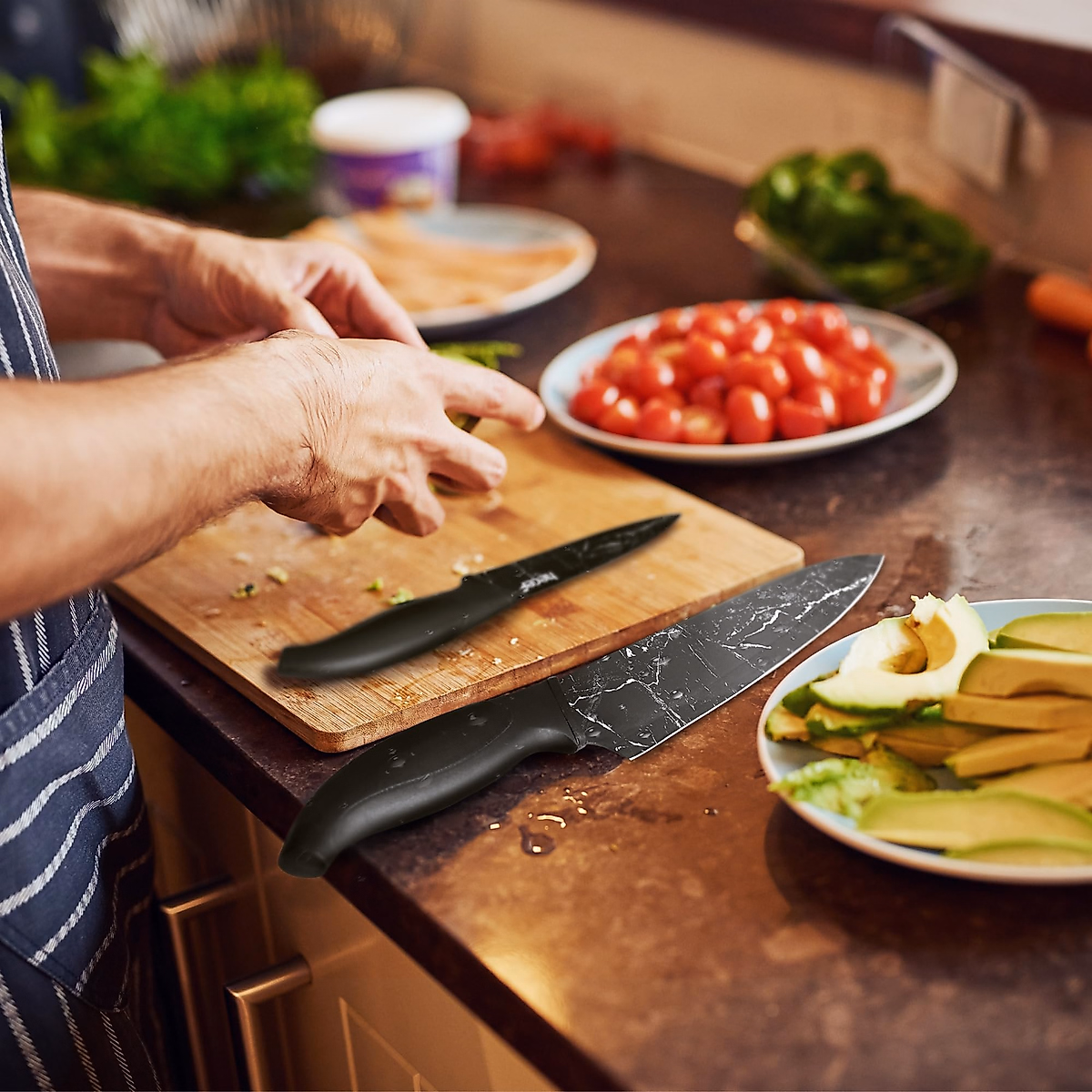 hecef Kitchen Knife Set of 5, Sharp Stainless Steel wtih Black Marble Pattern, Professional Cooking Knives Set Including Paring, Utility, Bread, Carving, Santoku & Chef Knife