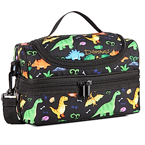 Kasqo Lunch Box Bag for Boys, Insulated Cooler Bag Kids Lunch Tote with Dual Compartments, Black Dinosaur