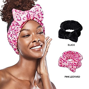Red by Kiss Spa Headband for Washing Face Facial Makeup Bow Head Band Soft Plush Fleece Stretchy Head Wraps for Women Shower Bath Washing Face Mask (PINK LEOPARD)