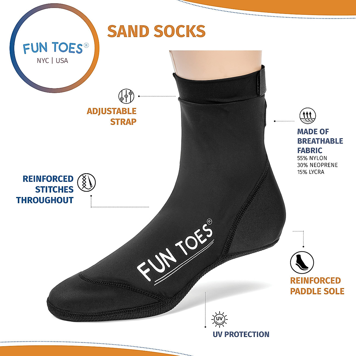 FUN TOES 2 Pairs Beach Socks for Volleyball Soccer, Camping, Rafting, Diving and all sand sports (US, Alpha, X-Large, Regular, Regular, Black-Blue)