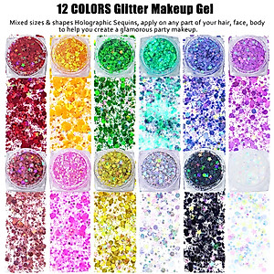 Hair Face Gems Jewels Stick on & Face Body Glitter Gel 12 Colors for Body Hair Face Eyes & Tweezers, Self Adhesive Hair Face Rhinestones & Glitter Gel for Festival Carnival Music Rave Party Makeup