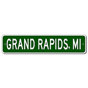 Grand Rapids, Michigan - USA City and State Street Sign - Personalized Metal Street Sign, Man Cave Destination Sign, Perfect Idea, Pub Bar Wall Decor - 4x18 inches