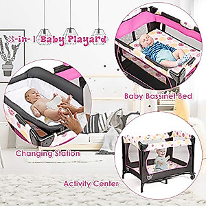BABY JOY 4 in 1 Pack and Play, Baby Bedside Sleeper with Bassinet, 3 Adjustable Heights, Music Box, Easy to Install, Foldable Bedside Crib w/Changing Table, Playards from Newborn to Toddlers
