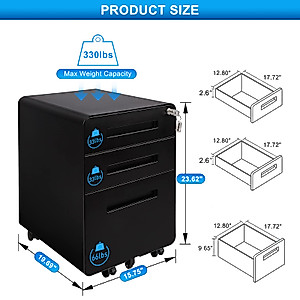 PACHIRA E-Commerce 3 Drawer Mobile File Cabinet with Lock, Heavy Duty Metal Filing Cabinet Rolling Pedestal Under Desk for Home Office, Legal/Letter/A4 Size, Fully Assembled, Black